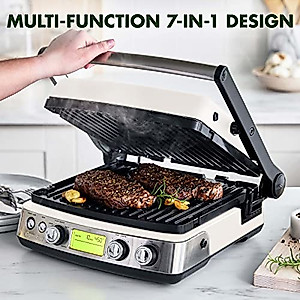 GreenPan Elite 7-in-1 Multi-Function Contact Grill & Griddle, Healthy Ceramic Nonstick Aluminum, Grill & Waffle Plates, Adjustable Shade & Shear, Closed Press/Open Flat Surface, PFAS-Free, Cream White