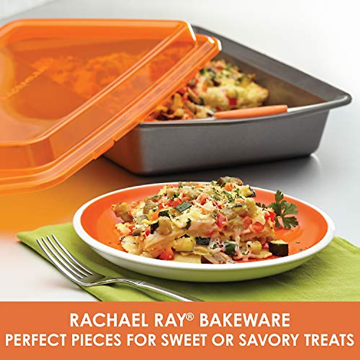 Rachael Ray Bakeware, Nonstick Baking / Cake Pan With Lid and Grips, Rectangle - 9 Inch x 13 Inch, Gray