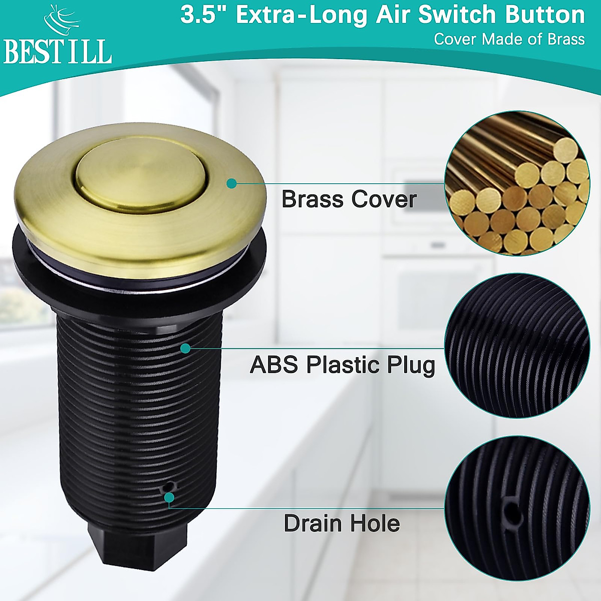 BESTILL Sink Top Garbage Disposal Air Switch Kit with Dual Outlet - UL Listed, Brushed Gold Long Push Button with Brass Cover