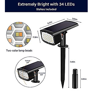 Solar Spotlight, 34 LEDs Solar Landscape Lighting, IP67 Waterproof Solar Lights & 3 Modes Solar Powered Spotlights, Dark Sensing Auto ON/Off for Yard Garden Walkway and Pool 2 Pack