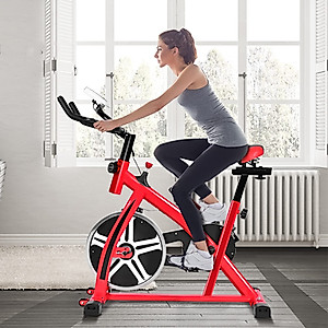 Toolsempire Exercise Bike Indoor Cycling Bike, Workout Bike Spinning Bicycle with Comfortable Seat Cushion, LCD Display & Bottle Holder, Fitness Equipment Stationary Bikes for Home (Red)