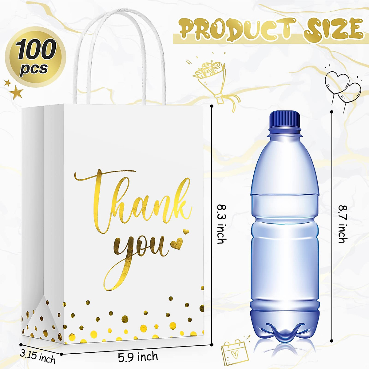 Tinlade 100 Pcs Thank You Gift Bags Bulk Paper Gold Thank You Wedding Bags with Handle for Business, Shopping, Wedding, Baby Shower, Party Favors (White)