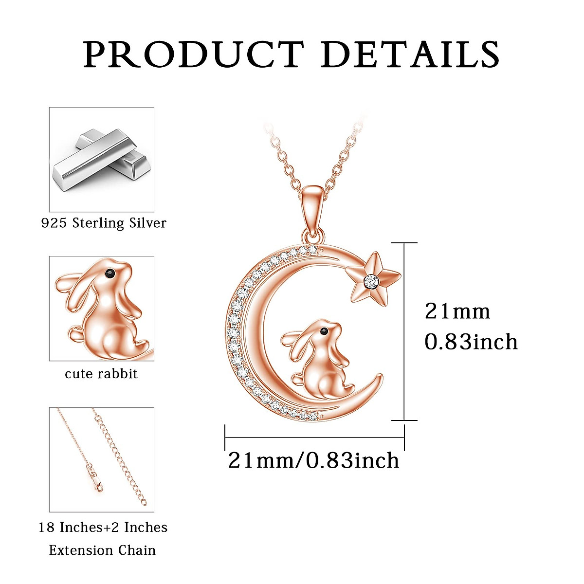 Aututer Bunny Necklace Sterling Silver Rabbit Necklace Crescent Moon Necklace with Star Bunny Jewelry for Women Teen Girls Animal Themed Gifts Back to School Gifts