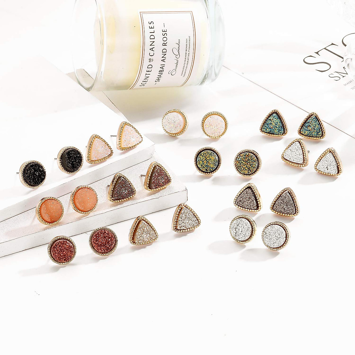 12 Pairs Druzy Stud Earrings for Women 12mm Round Triangle Resin Cluster Stud Earrings Set Stainless Steel Pierced Gold Black Multicolor