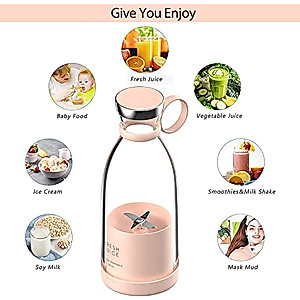 Personal Size Blender, Portable Blender, Battery Powered USB Blender, with Four Blades, Mini Blender Travel Bottle for Juice, Shakes, and Smoothies (Pink)