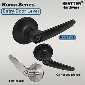 BESTTEN Roma Series Keyed Entry Door Lever with Removable Latch Plate,All Metal Door Handle with Lock and Key, Matte Black