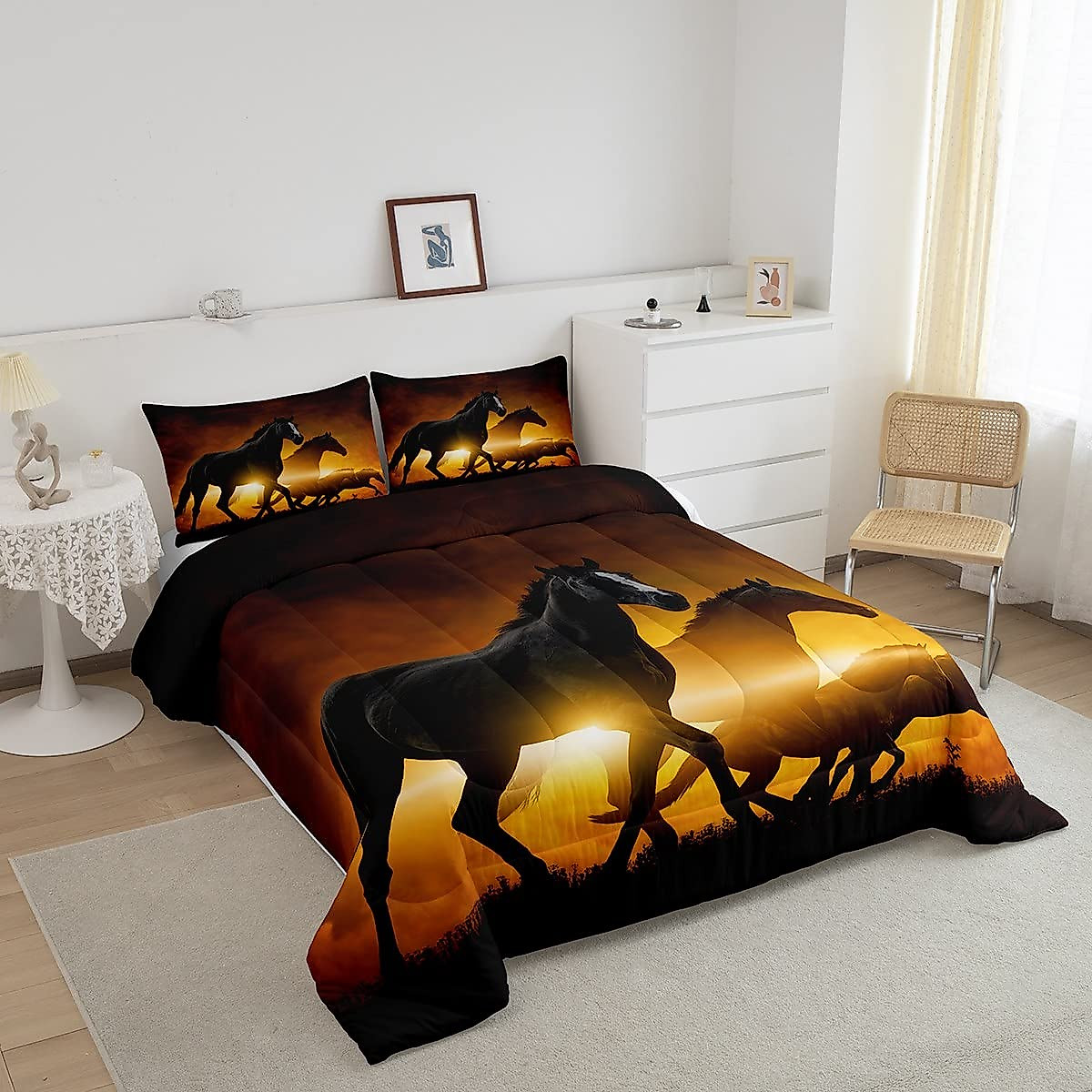 Feelyou Horse Comforter Set Twin Size Western Cowboy Comforter Horse Running in The Sunset Bedding Set Soft All Season Farm Animal Quilted Duvet Set for Kids Boys Teens Machine Washable