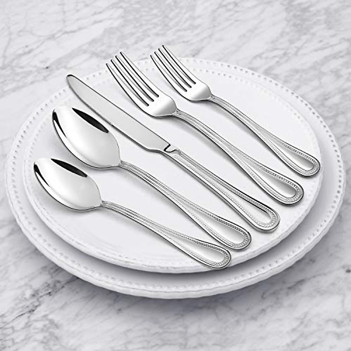 60-Piece Silverware Set, HaWare Stainless Steel Flatware Service for 12, Pearled Edge Tableware Cutlery Include Knife/Fork/Spoon, Beading Eating Utensil for Home, Mirror Polished, Dishwasher Safe