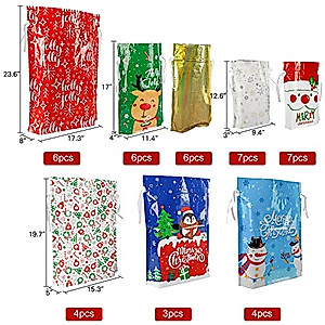 Bowount Christmas Drawstring Gift Bags 43pcs Assorted Sizes Christmas Bags Wrapping Sacks Pouches Santa Goody Bags with Squared Bottom in 4 Sizes and 8 Designs for Xmas Holiday Presents Party Favor