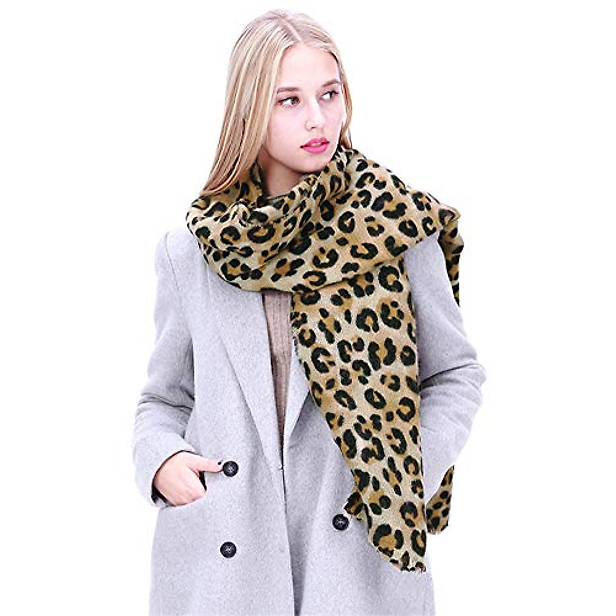 GERINLY Cashmere Leopard Blanket Scarf for Women Animal Print Pashmina Scarves and Wraps Soft Warm Shawl for Travel (Light Brown)
