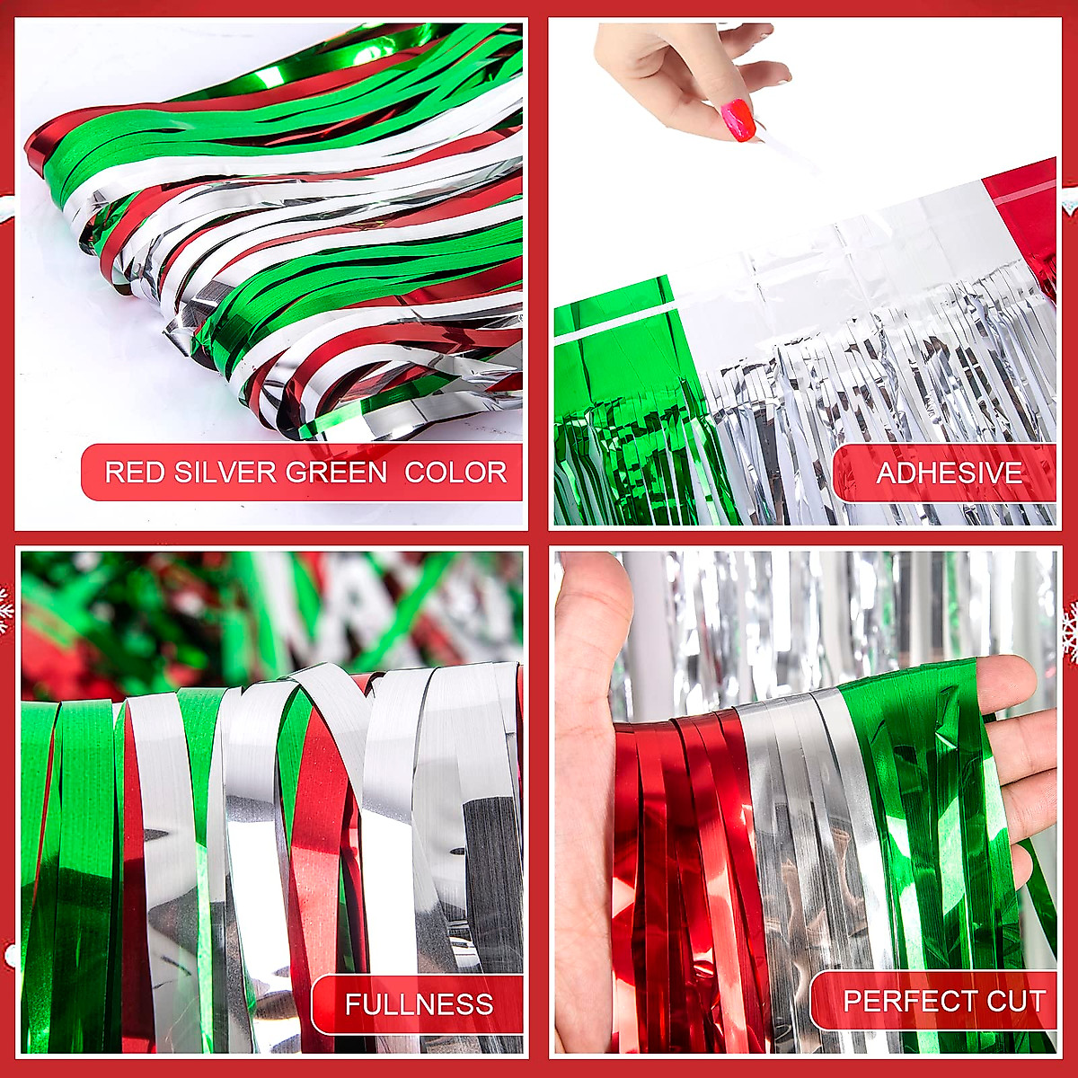LOLStar 5 Pack Christmas Foil Fringe Curtains Christmas Party Decoration 3.3 X 6.6 ft Red Silver Green Tinsel Fringe Party Photo Backdrop Streamer Backdrop for Christmas, New Year, Ugly Sweater Party