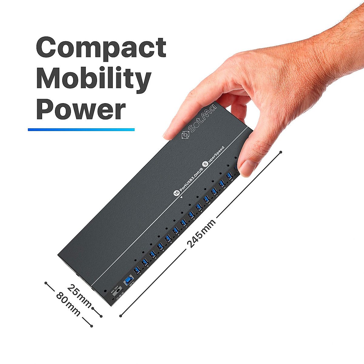 Multi-Safety Protection USB Splitter - 16 Port Powered USB Hub 3.0 with AC Adapter (12V / 10A) - Aluminium USB 3.0 Hub with LEDs - High Speed - Hub for Multiple Devices - Powered USB 3.0 Hub