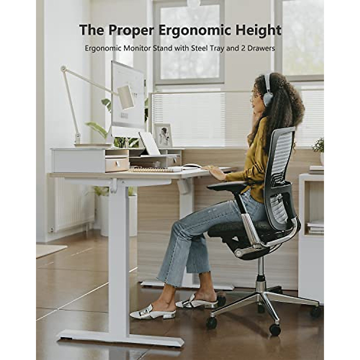 BANTI 55"x 26" Electric Standing Desk with Glass Top Monitor Stand, Adjustable Sit Stand Up Table with Double Drawer, Sit Stand Desk with Storage Shelf, Light Walnut Top