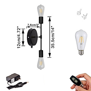 SKIVTGLAMP Industrial Two-Heads Wall Sconce Rechargeable Battery Operated LED Picture Lights with Remote, Dimmable Cordless Black Wall lamp Customizable for Hallway No Drilling Aisle Stairs 2PCS