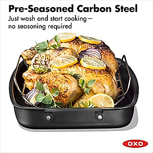 OXO Obsidian Pre-Seasoned Carbon Steel, 15" x 10.5" Roasting Pan with Stainless Steel Roaster Rack, Induction, Black