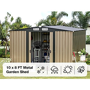 Large Outdoor Storage Shed 10 x 8 FT Galvanized Metal Shed with Sliding Door and Air Vents Waterproof Garden Tool Shed for Backyard, Lawn and Patio