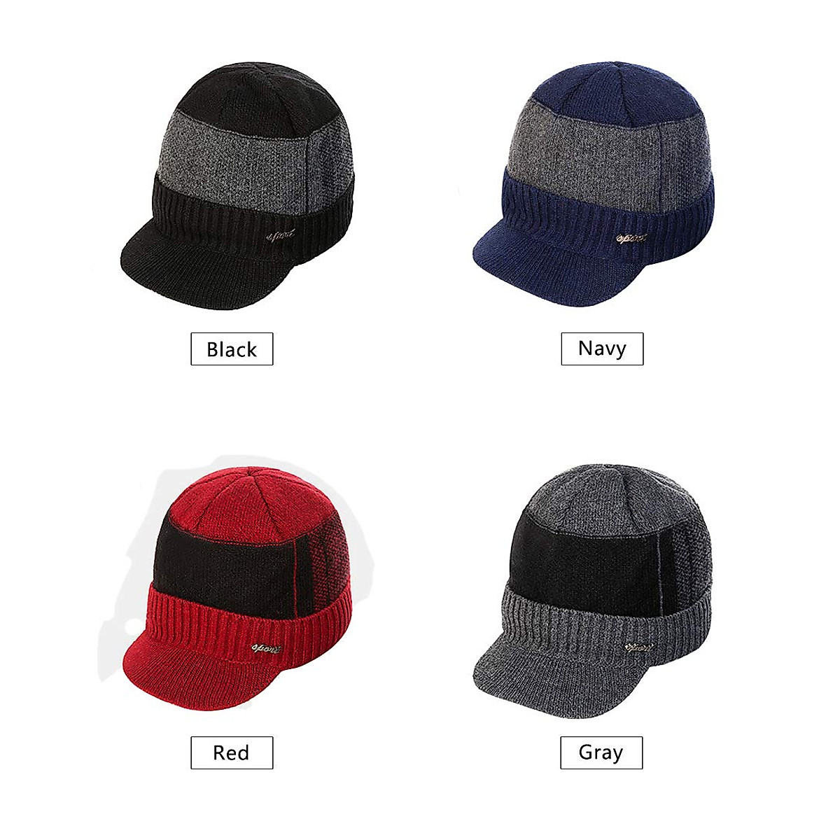 YOYEAH Men's Outdoor Newsboy Hat Winter Warm Thick Knit Beanie Cap Fleece Lined Skull Ski Cap with Visor Blue