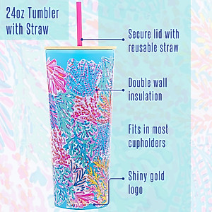 Lilly Pulitzer Double Wall Tumbler with Lid and Reusable Straw, Insulated Travel Cup Holds 24 Ounces, Splashdance