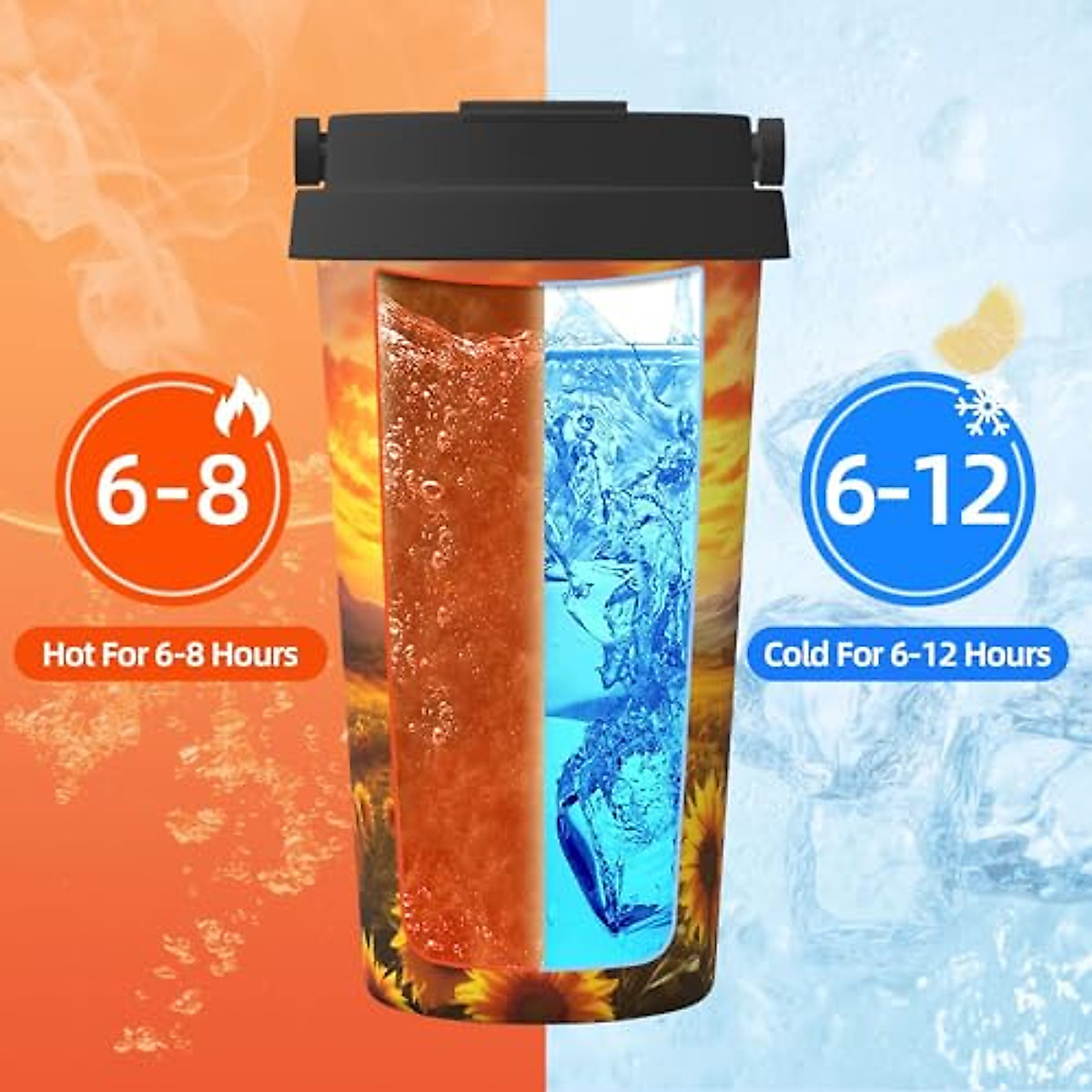 GTKSYNVE Reusable Coffee Mug with Lid and Handle, Dreamlike Sunset Of A Sunflower Field Tumbler for Hot & Cold Drinks 16oz Stainless Steel Insulated Coffee Tumblers Double Wall Vacuum Thermal Cup