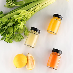 VOLCANOES CLUB 2oz Glass Jars with Lids - Glass Shot Bottles Set for Liquids, Juicing, Ginger Shot, Sample - Small Containers with Screw Caps - Clear Mini Round Bottles - Leakproof/Wide Mouth - 8 pack