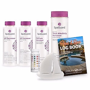 SpaGuard Chemical Balancer Maintenance Kit with Test Strips - Contains Spa Alkalinity Increaser, Calcium Increaser, pH Increaser, pH Decreaser, Scum Absorber, Test Strips & Hot Tub Care Log Book