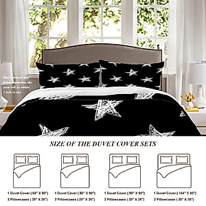 Shrahala Stars Star Black White Duvet Cover Set Queen Size, Chalkboard Stars 3 Pieces Soft Brushed 100% Cotton Duvet Covers with Button Closure, 1 Duvet Cover 90x90 inches and 2 Pillow Shams