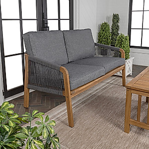 JONATHAN Y SFB1001C Arwen Modern Bohemian Roped Acacia Wood Outdoor Loveseat with Cushions Coastal, Contemporary, Transitional, Rustic for Backyard, Patio, Porch, Gray/Teak Brown