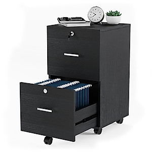 VINGLI 2-Drawer Small Rolling File Cabinet with Lock, Wood Filing Cabinet for Hanging Letter Size Filings with Tabs, Mobile Under Desk File Cabinet for Home Office, Classic Black, 27.2" H