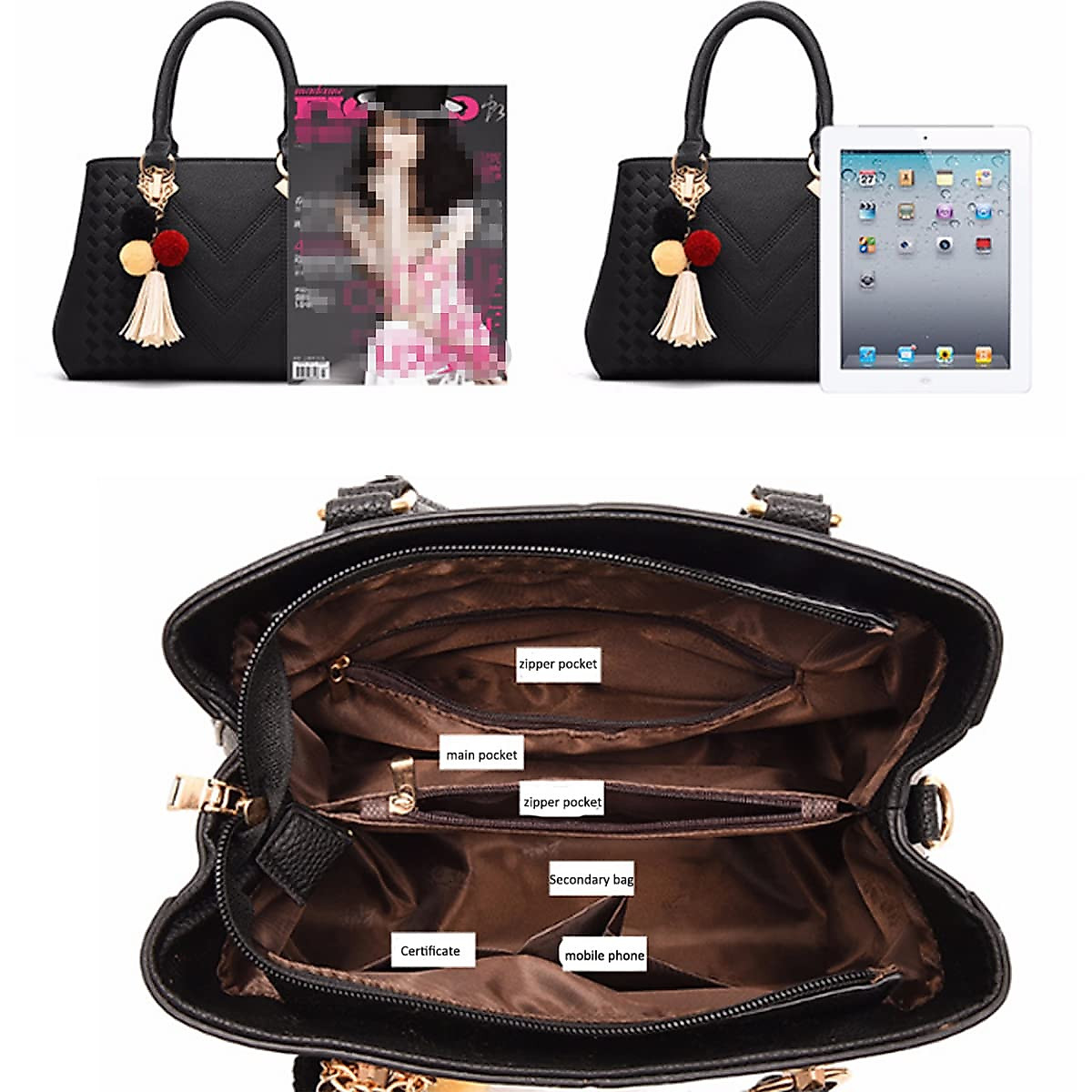 YOUNXSL Womens Leather Handbags Purses Top-handle Totes Satchel Shoulder Bag for Ladies with Pompon and Tassel Khaki