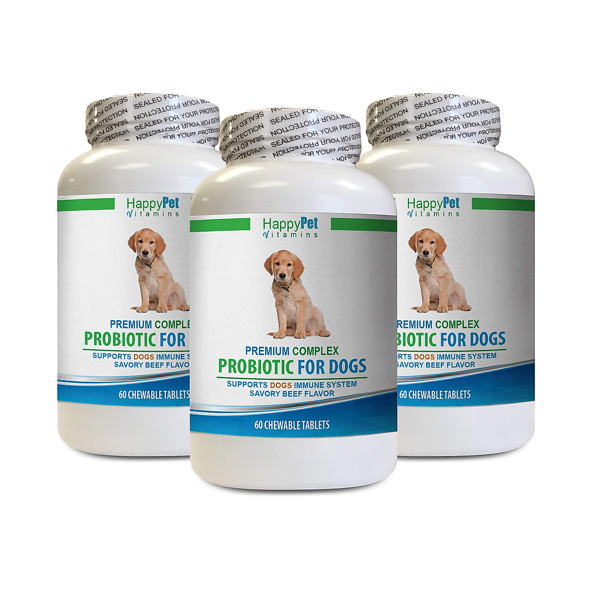 HAPPY PET VITAMINS LLC Dog Digestive Support Food - Dog Premium PROBIOTICS - Savory Beef Flavor - Stops Diarrhea Bad Gas Bad Breath - Gut Health - Dog probiotic Pills - 3 Bottles (180 Treats)
