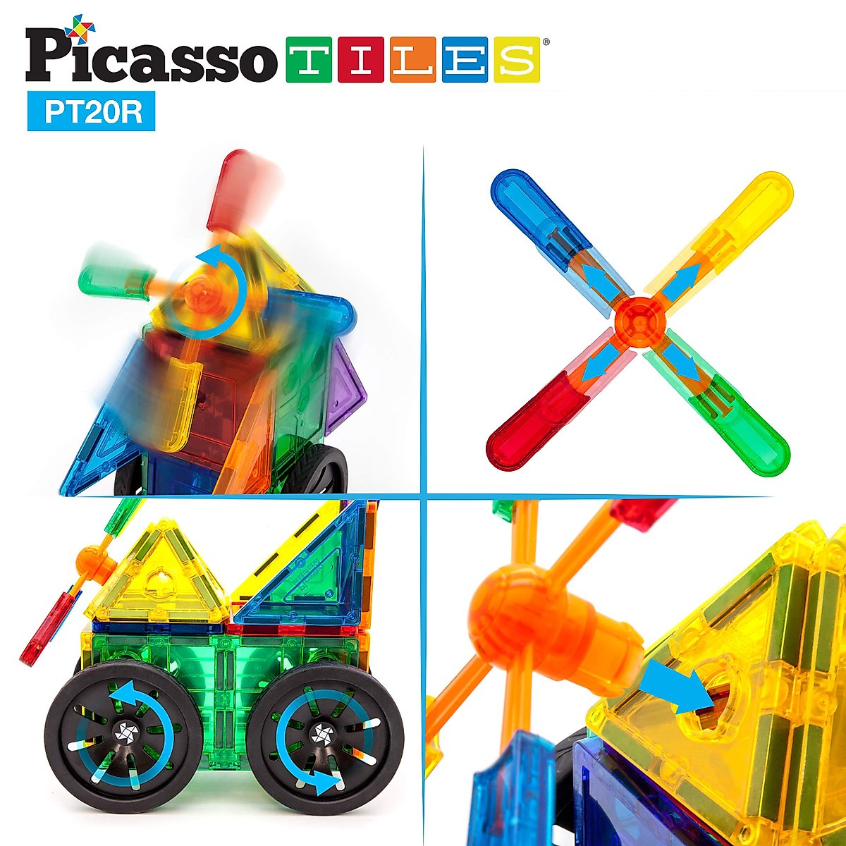 PicassoTiles 20 Piece Magnetic Building Blocks with Detachable Wheels and Windmill Click-in Inserts Magnet Construction Toy Car Set STEM Learning Kit Educational Playset Child Brain Development PT20R