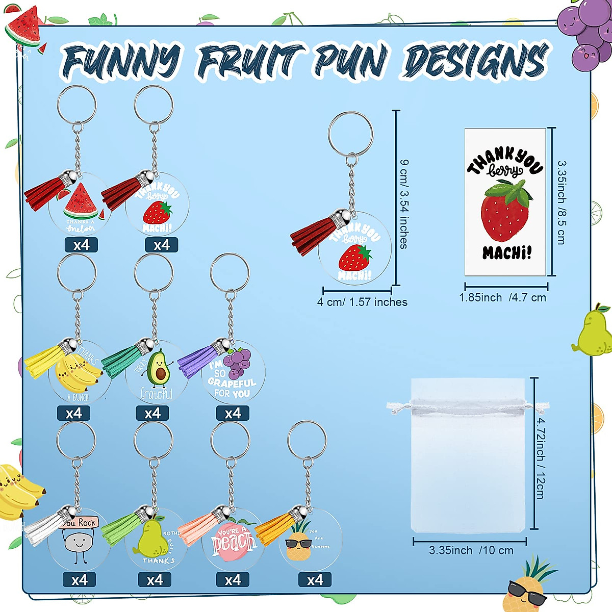 Batiyeer 36 Sets Funny Thank You Acrylic Keychains with Cute Fruit Pun Cards Employee Appreciation Gifts Greeting Note Key Rings Thank You Gifts for Team Teacher Student Staff