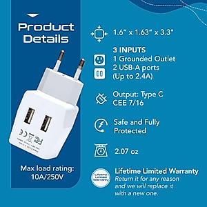 Ceptics Europe Travel Adapter Plug Set Schuko - with 2 USB + USA Socket Input - Type E/F and Type C - Ultra Compact - Safe Grounded Perfect for Cell Phones, Laptops, Camera Chargers (CTU-9-9C-PK)