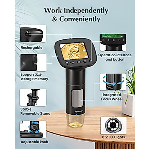 Sagefidere Handheld Digital Microscope with 2" LCD Screen,1000X Pocket Microscope for Kids with 8 LED Lights,Portable Microscope for Adults with Stand 32GB Memory Card