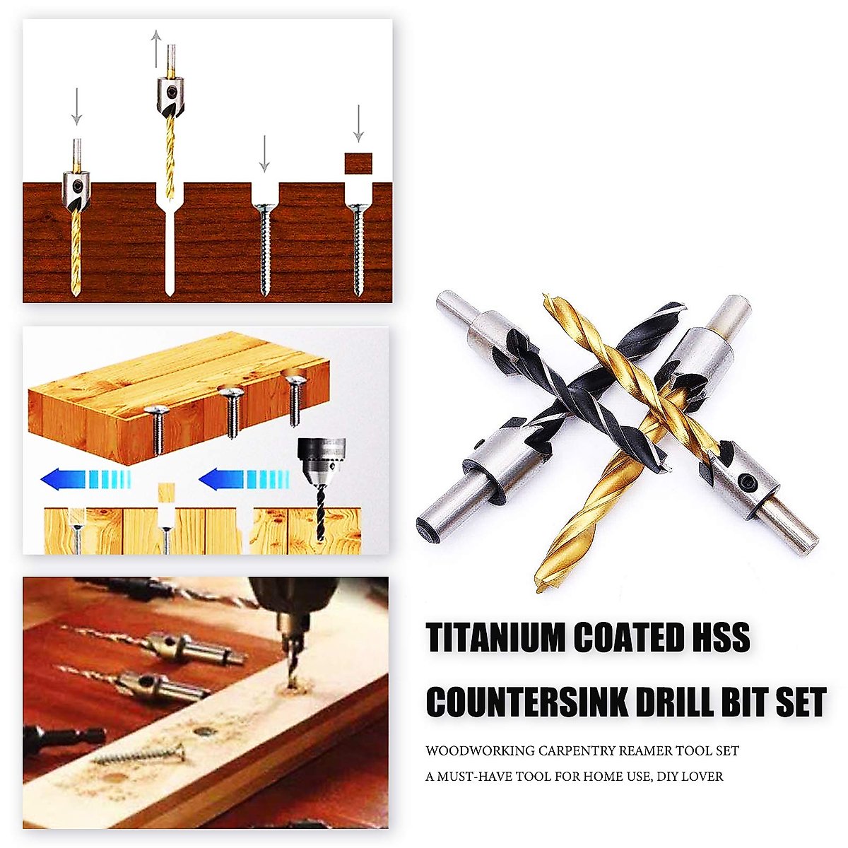 Tomato Palace Countersink Drill Bit Set 7 PCS Titanium Coated Counter Sinker Drill Bit Set for Wood High Speed Steel, Woodworking Carpentry Reamer Tool Set with Hex Key Wrench