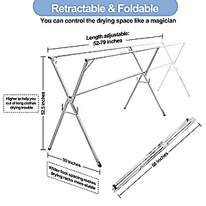 MRCTVG Upgrade 79 Inches Clothes Drying Rack, Premium Stainless Steel Adjustable and Foldable Laundry Drying Rack for Indoor Outdoor, with 20 Windproof Hooks