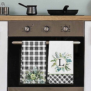 VDLBT Monogram Kitchen Towels Letter L Eucalyptus Leaves Farmhouse Dish Towels Buffalo Plaid Check Dishcloth Fingertip Hand Towel Last Name Initial Soft Tea Towel Set of 2