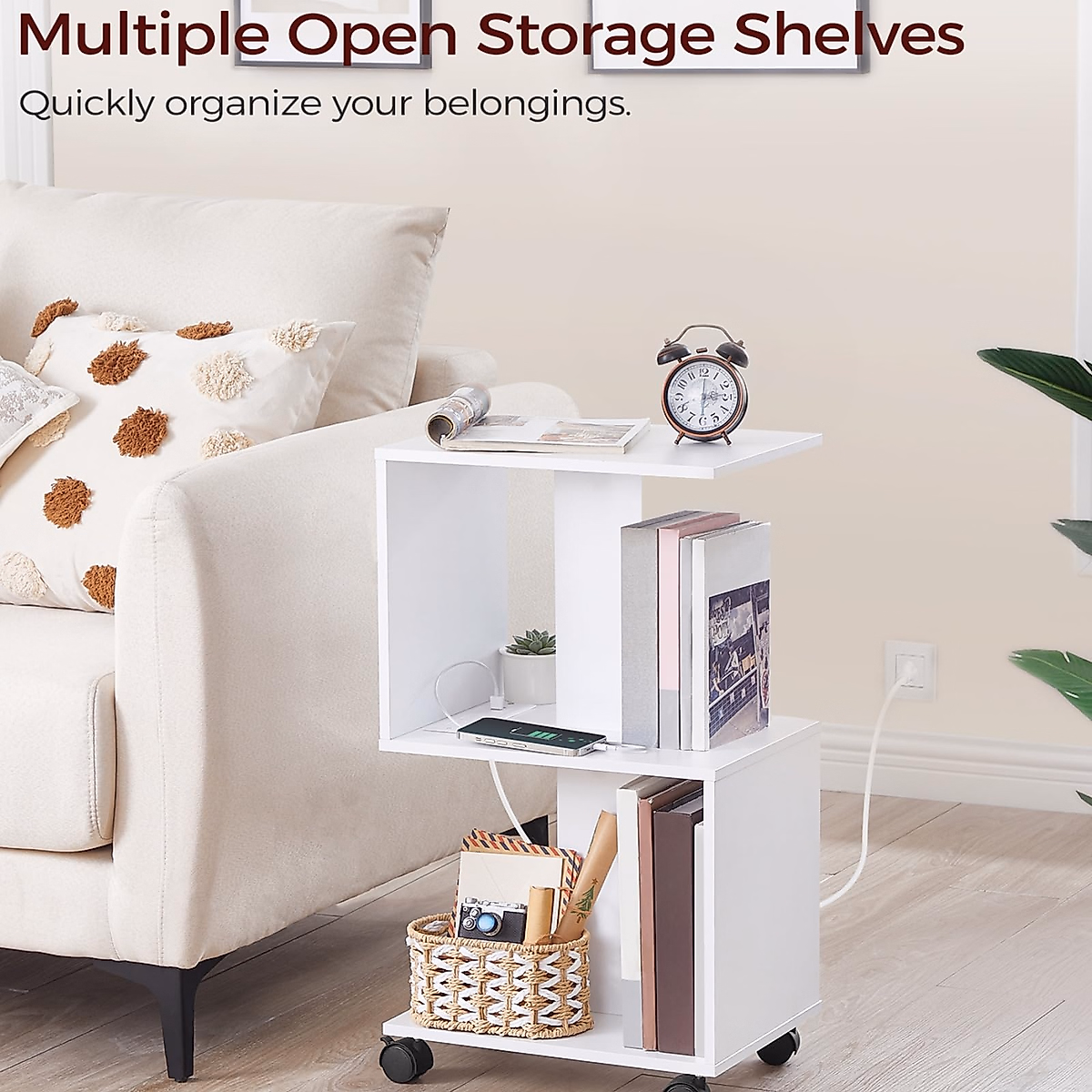 MAHANCRIS Narrow Nightstand with Charging Station, White Bedside Table with Power Outlets and USB Ports, S-Shaped Side Table, 3-Tier Nightstand with Wheels, for Bedroom, Living Room, White ETWT77E01