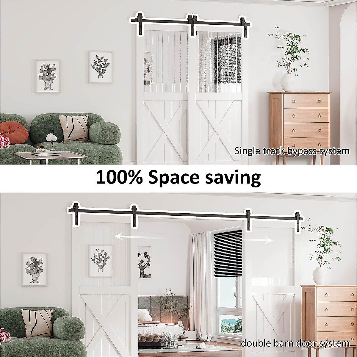skysen 8FT Heavy Duty Sliding Barn Door Hardware Single Track Bypass Double Door Kit Black(Bypass J Shape-1)