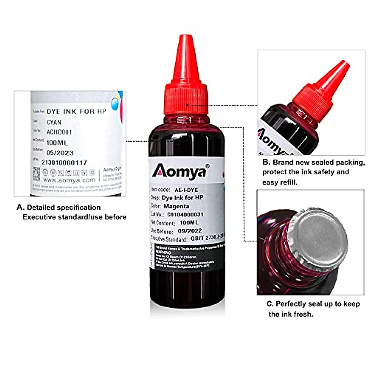 Aomya Ink Refill Kit 100ml for HP 61 60 62 63 564 920 901 902 932 933 934 940 950 951 952 94 95 96 Inkjet Printer Cartridges Refillable Ink Cartridges CIS CISS System 4 Color Set with 4 Syringes