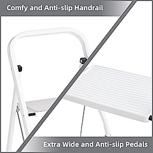 Folding Step Stool with Wide Anti-Slip Pedal, Sturdy Steel Ladder, Convenient Handgrip, Lightweight Portable (White, 2 Step Ladder)