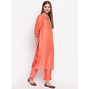 Janasya Indian Women's Peach Poly Silk Kurta with Pant and Dupatta(SET199-KR-NP-S)