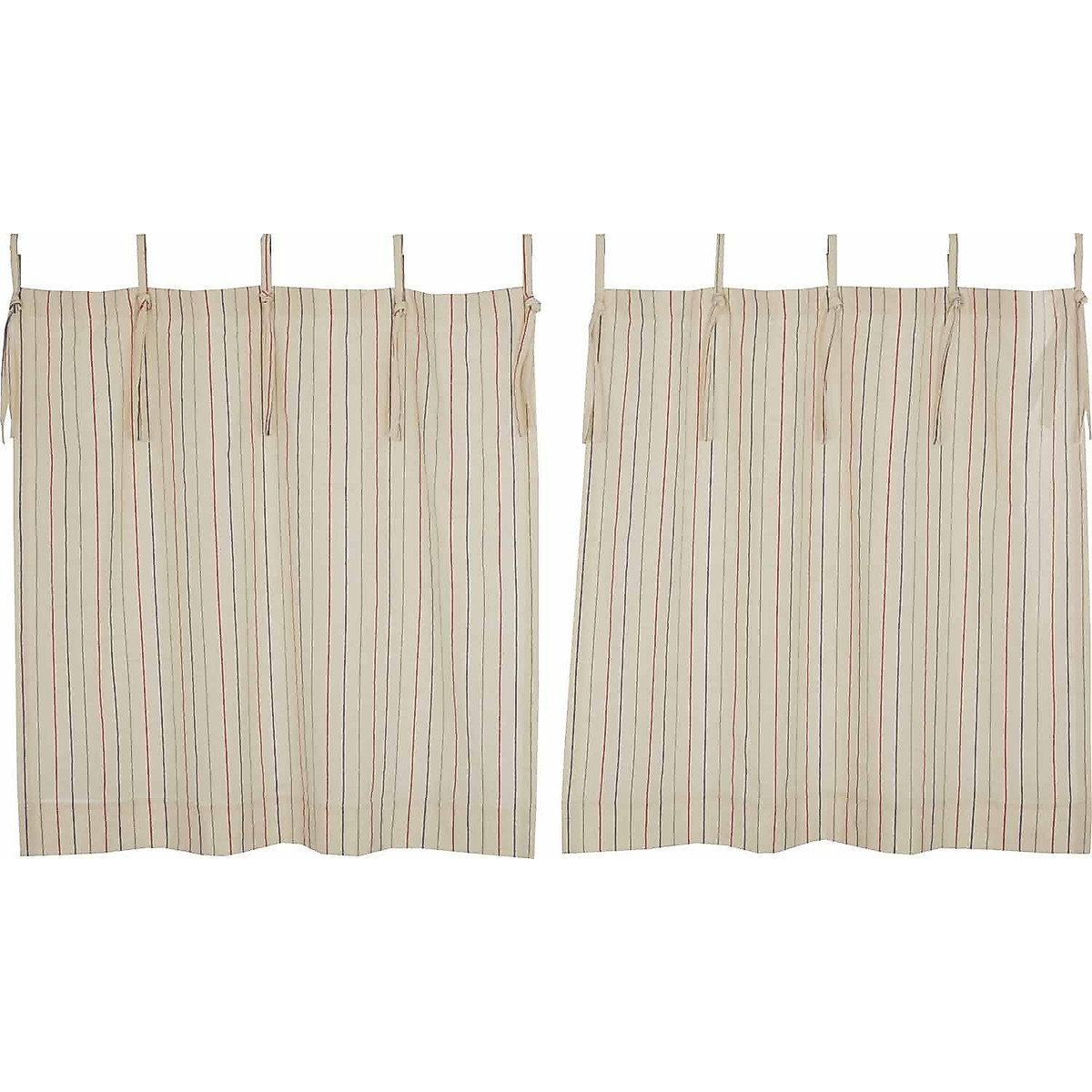 Betsy Stripe Tie Top Tier Curtains, Set of 2, 24" L x 36" W, Farmhouse, Country, Patriotic, Primitive Americana Style Tab Café Curtains