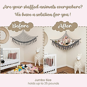 ABBY BABY Extra Large Stuffed Animal Storage Hammock Corner with LED Lights – 25LB Capacity Hanging Toy Net for Small or Large Plushies, Boho Macrame Squishmallow, Plush Net, Gray