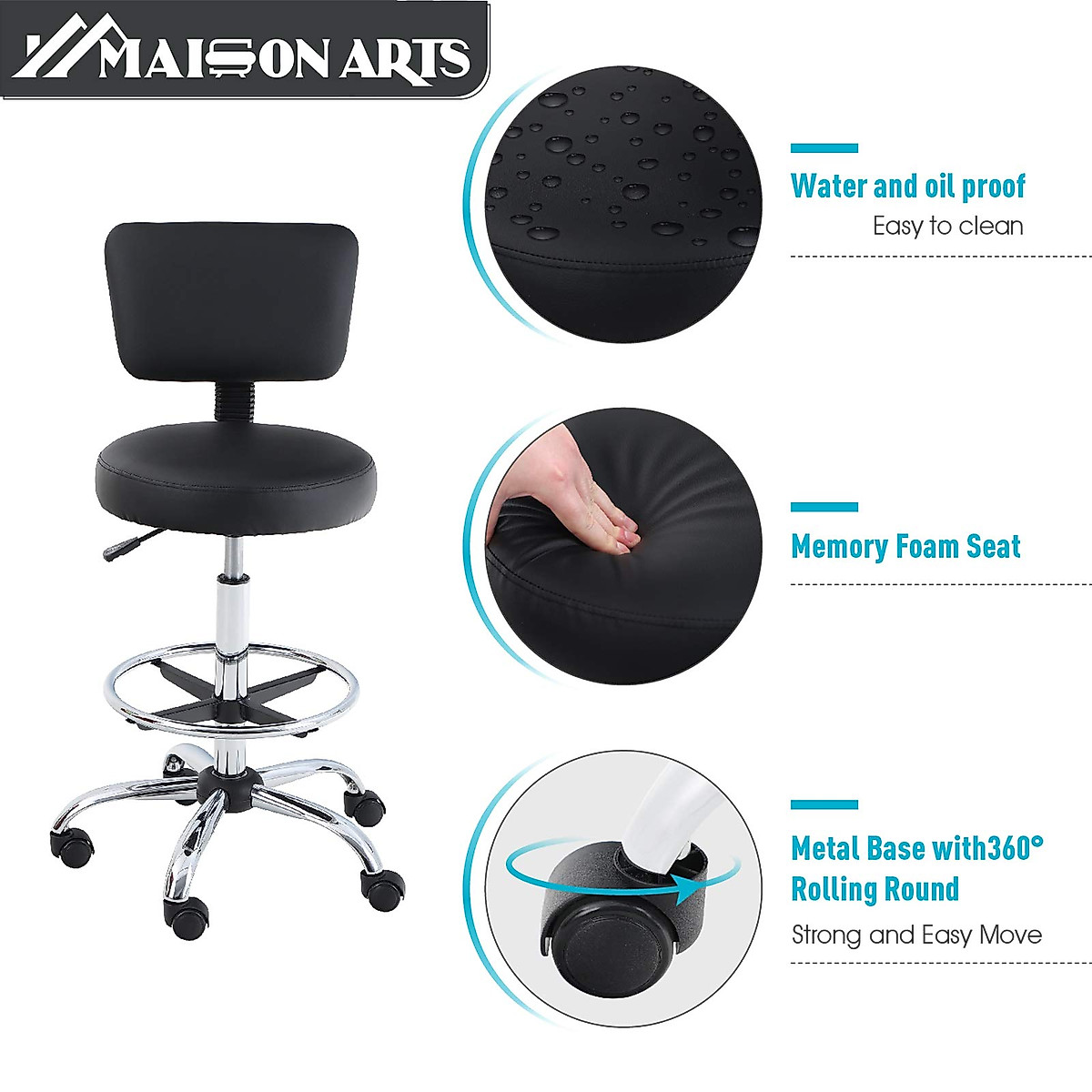 MAISON ARTS Office Desk Chair Swivel Adjustable Rolling Stool with Wheels Armless Drafting Task Chair with Back for Home Office Bar Kitchen Shop Salon Spa Massage Medical, 300LBS Bear Capacity, Black