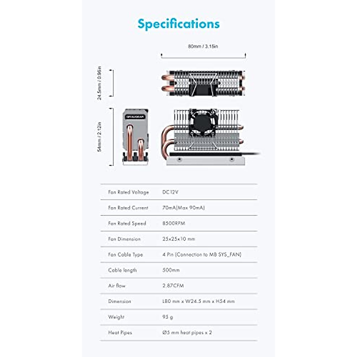 GRAUGEAR M.2 2280 SSD Heatsink, Direct-Touch Heat of Dual Copper Heat Pipes, 25 mm Cooling Fan Built-in PWM Control, Aluminum Plate-Fin Design, Thermal Pads incl. Cooler for M.2 NVMe/SATA[G-M2HP04-F]