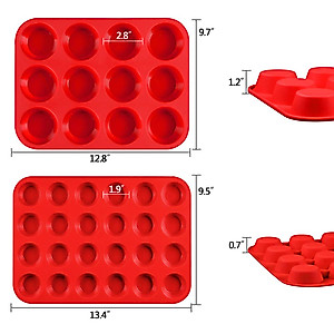 SJ European LFGB Silicone Muffin Pan Baking Trays, 2-Pack, 12-Cup & 24-Cup Cupcake Pans Silicone Baking Molds, Red, Non-Stick & BPA Free