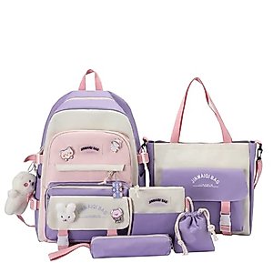 DAHUOJI Kawaii Backpack Set 5pcs Aesthetic Backpack for School Teens Girls Daypack Large with Pendants and Pins, Pen Case, Tote Bag, Small Bag(Purple)