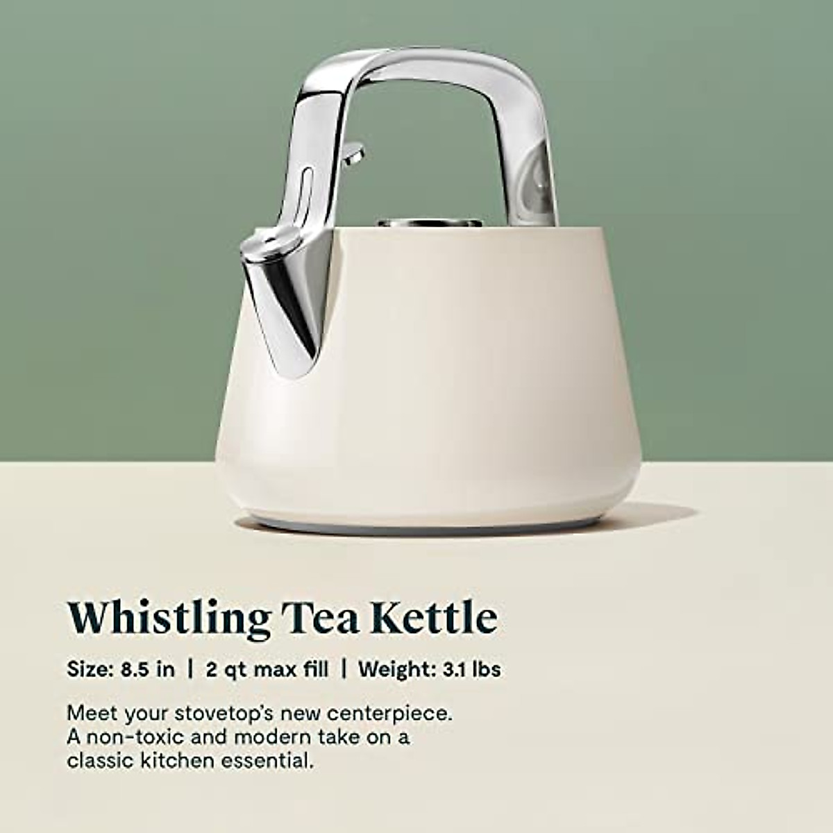 Caraway 2 Quart Whistling Tea Kettle - Durable Stainless Steel Tea Pot - Fast Boiling, Stovetop Agnostic - Non-Toxic, PTFE & PFOA Free - Includes Pot Holder - Cream