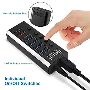 USB Hub 3.0 Powered, ikuai 5-Port Multiple USB Port Splitter, USB 3 Powered Hub, High-Speed Portable USB Port Expander, Charging Supported, 24W Power Adapter for Laptop and PC (RSW-A35B)